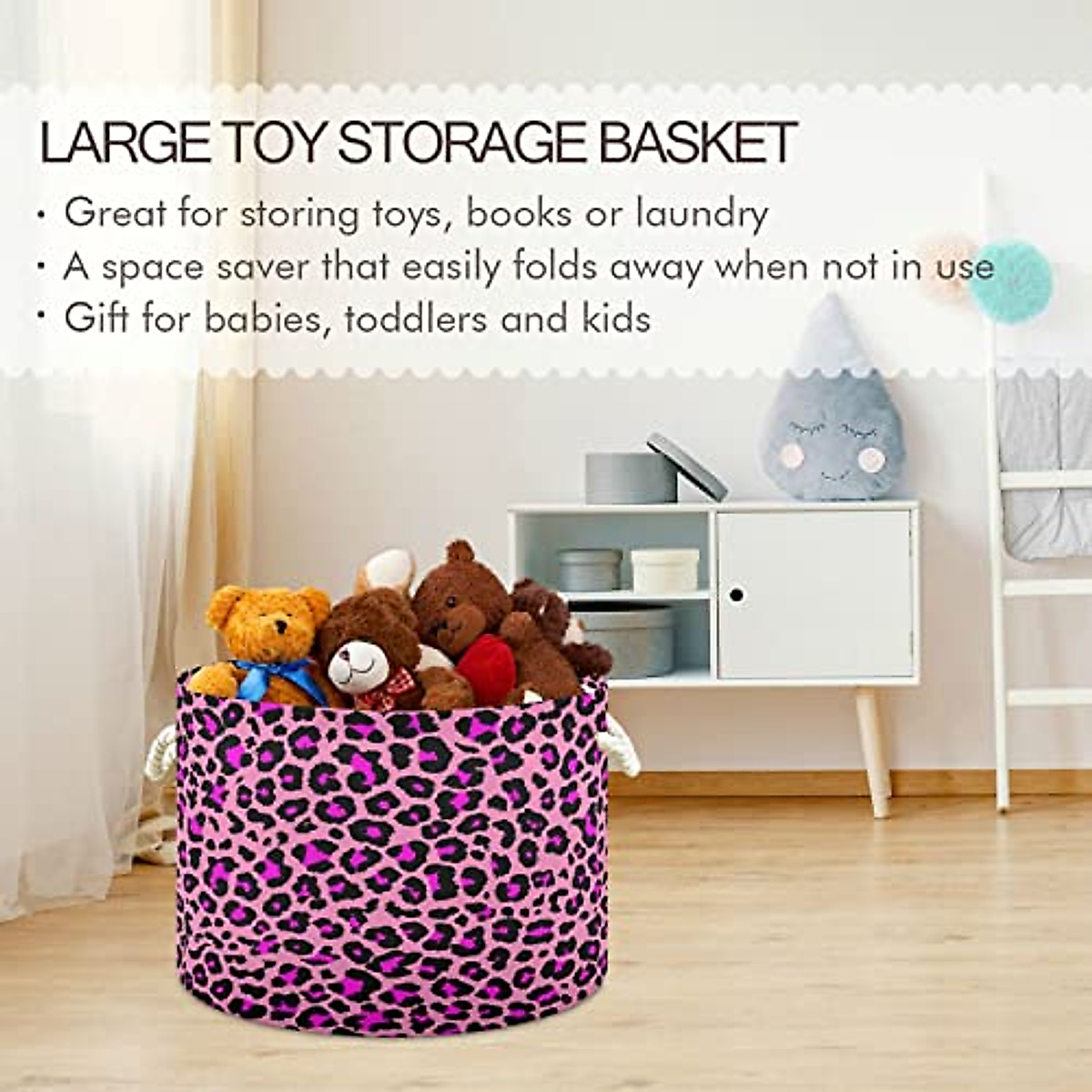 Kigai Storage Basket Pink Purple Leopard Round Toy Baskets Foldable Nursery Organizer Waterproof Inner Layer with Sturdy Handles Clothes Laundry Hamper Bin