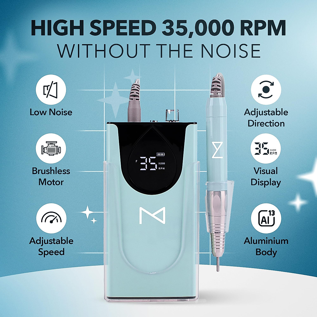 M Max - Professional Nail Drill Machine - 2-in-1 Brushless Motor Nail File - Electric, Cordless, Aluminium Alloy Casing, 35000 RPM, HD Display - Perfect for Salon & Home Use (Mermaid)