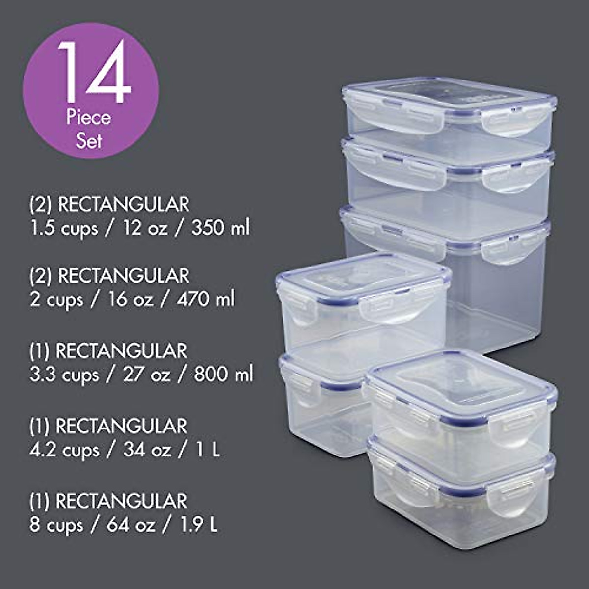 LocknLock Easy Essentials Food Storage lids/Airtight containers, BPA Free, 14 Piece - Rectangle, Clear