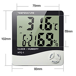 HTC-1 Digital Thermometer Hygrometer Clock Alarm/Alarm Calendar 5 Functions Large Screen Desktop Stand & Wall Mount White Thermometer Hygrometer Digital