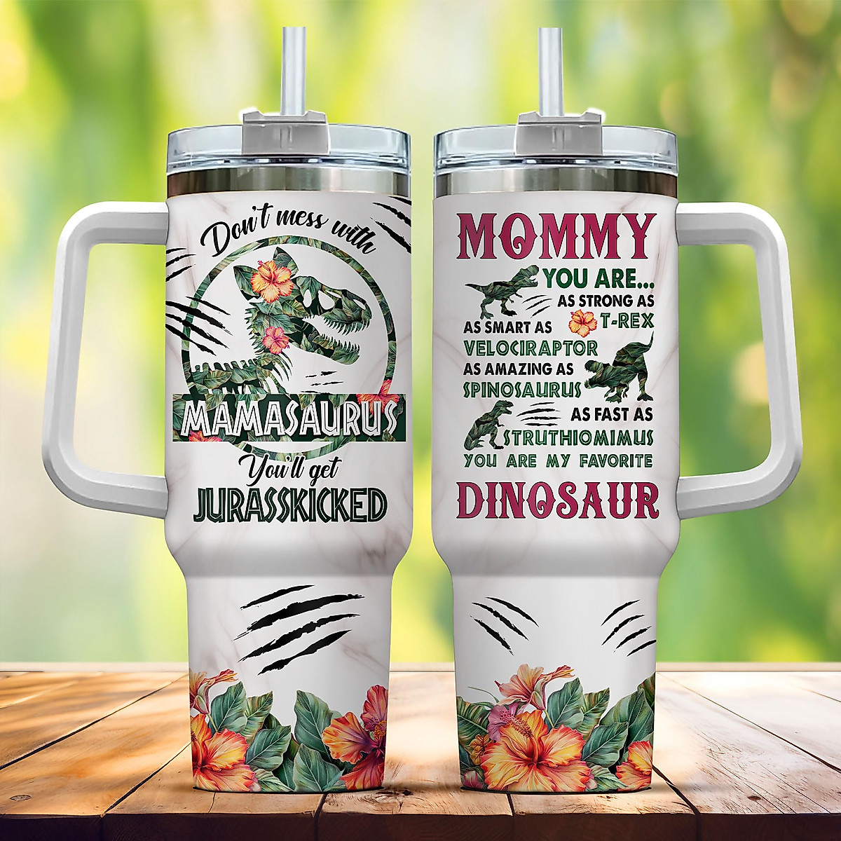 9SUNFLOWER Mamasaurus Stainless Steel Dinosaur Insulated Cup With Floral Straw Lid, Handle, 40 Oz Tumbler, Mommy Dinosaur Gift