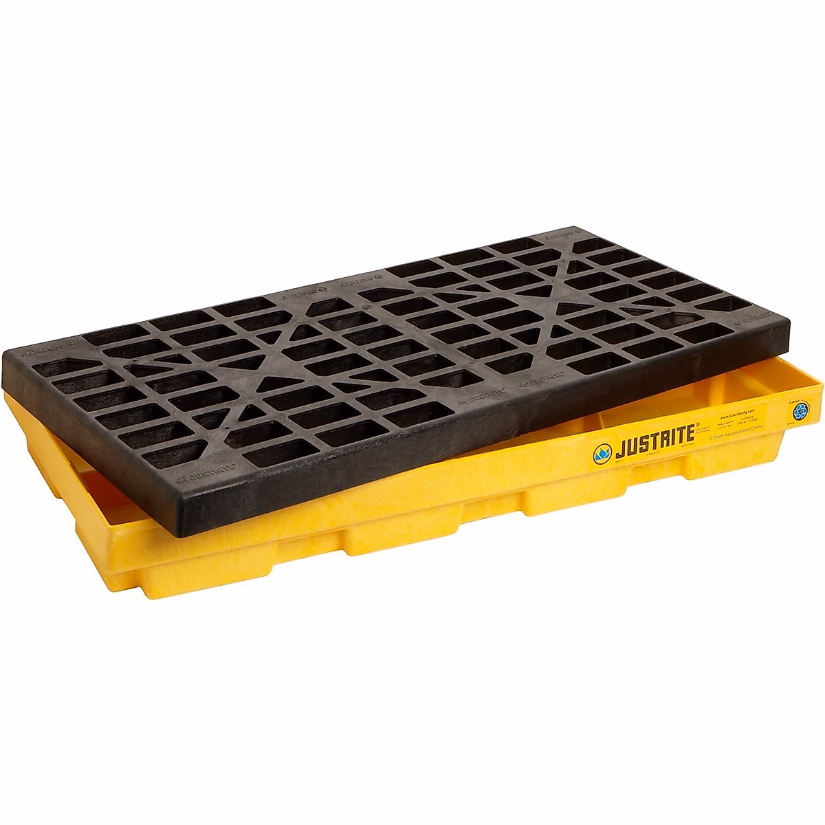 Justrite 2 Drum Low Profile Accumulation Center, 49" x 25" x 5.5", 24 Gallon Capacity Sump, Recycled Poly Spill Platform, Made in The USA, Yellow, 28654