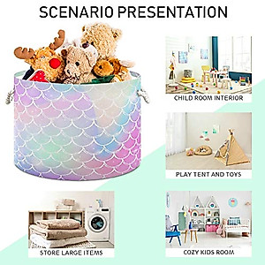MNSRUU Storage Basket 20"x14" Rainbow Scales with Mermaid Collapsible Organizer Basket with Handles, Fabric Nursery Laundry Basket Large Capacity