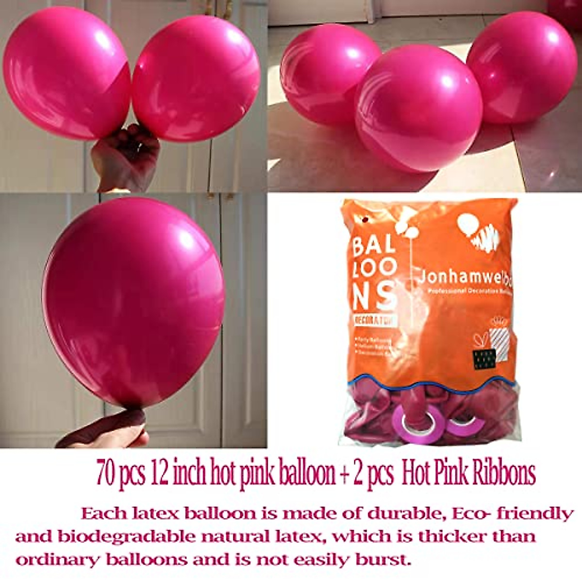 Party Balloons Hot Pink Latex Balloons 70pcs 12inch Wedding Kid’s Birthday Bride Bachelorette Party Decorations(with Hot Pink Ribbon)