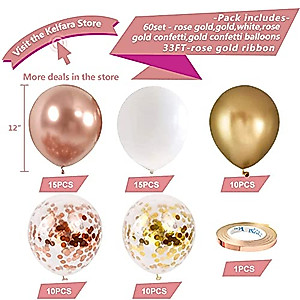 Rose Gold Confetti Latex Balloons, 60 pcs 12 inch White Metallic Gold Party Balloon with 33 Ft Rose Gold Ribbon for Birthday Wedding Anniversary Bridal Shower Decoration