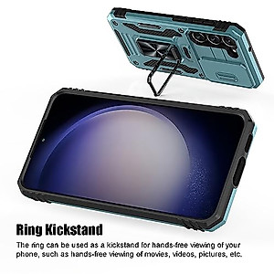SYONER for Samsung Galaxy S23 Plus Case, Shockproof Phone Case with Sliding Camera Cover & Rotatable Ring Holder Kickstand + Tempered Glass Screen Protector for Galaxy S23+ (6.6", 2023) [Light Blue]