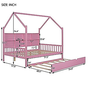 Full Size House Beds with Trundle and Storage Shelves,Wood Playhouse Tent Bed Frame, Montessori Style House Beds for Kids Girls Boys, Pink