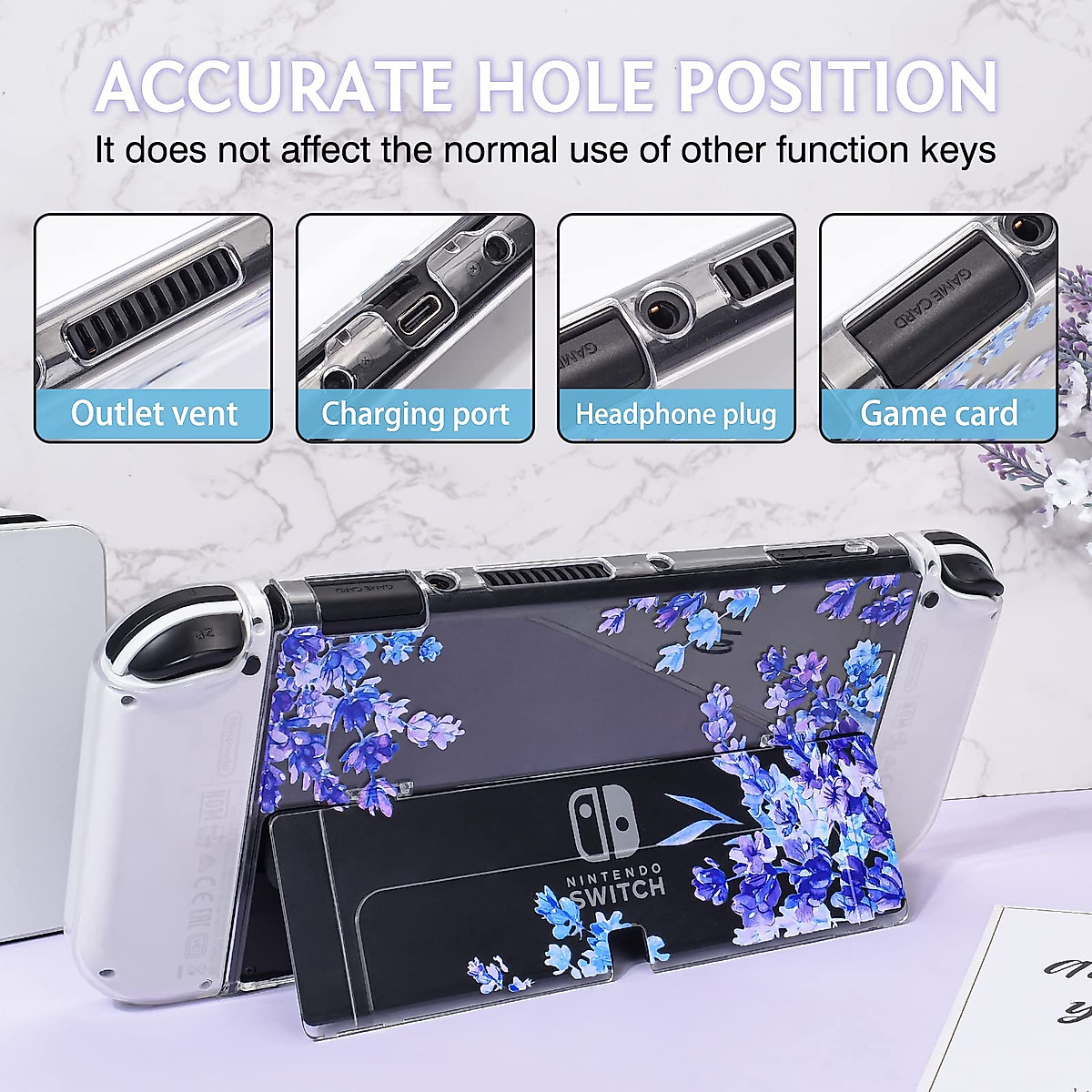 DLseego Floral Flower Case for Nintendo Switch OLED with Cute Purple Lavender Pattern for Women Girls, Anti-Scratch Dockable Clear Hard Shell Soft Shock-Absorption TPU Joy Con Cover