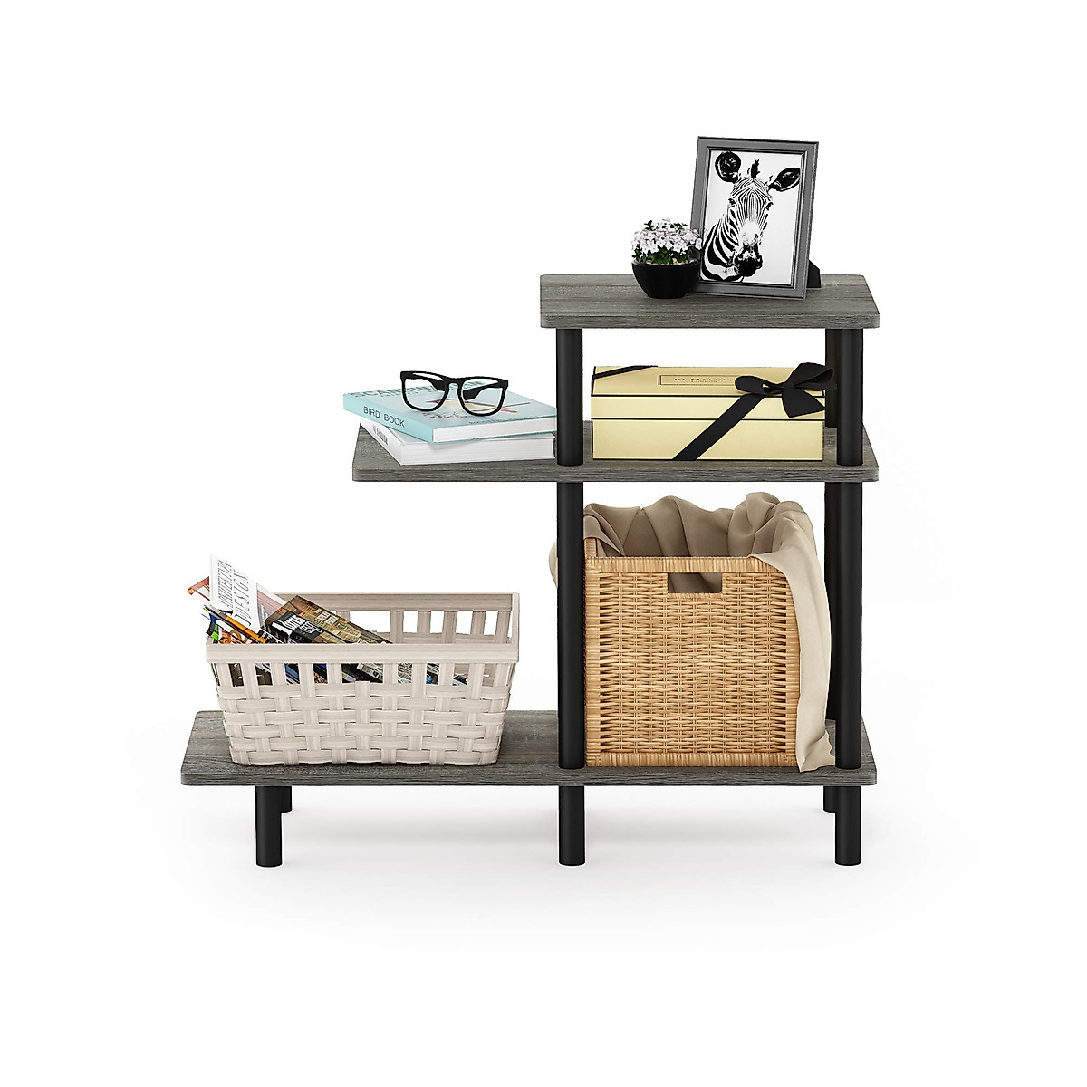 Furinno Turn-N-Tube 3-Tier Sofa Side Table, French Oak Grey/Black