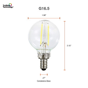 SYLVANIA LED TruWave Natural Series Décor Globe G 16.5 Light Bulb, 40W Equivalent, Efficient 4W, Candelabra Base, Dimmable, 350 Lumens, 2700K, Clear, Soft White - 2 Pack (40784)