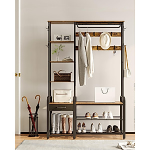 Hzuaneri Hall Tree, Coat Rack with 3-Tier Storage Bench and 1 Drawer, 5-in-1 Entryway Bench with 17 Hooks, 1 Hanging Rod, 4-Tier Side Shelves, Rustic Brown HT03501B