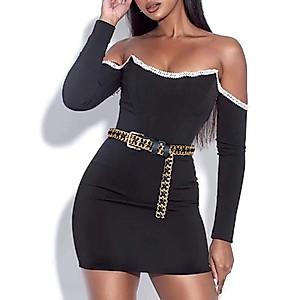 Glamorstar Gold Metal Punk Belts Leather Chain Waist Belt for Women Dresses Gold Black 120CM/47.2IN