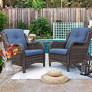 MeetLeisure Outdoor Wicker Chair Rattan Patio Dining Chairs Set of 2 PE Wicker Patio Chairs with 4inch Seat Cushions Outdoor Patio Seating Chair for Garden, Backyard Swimming Pool, Balcony, Blue