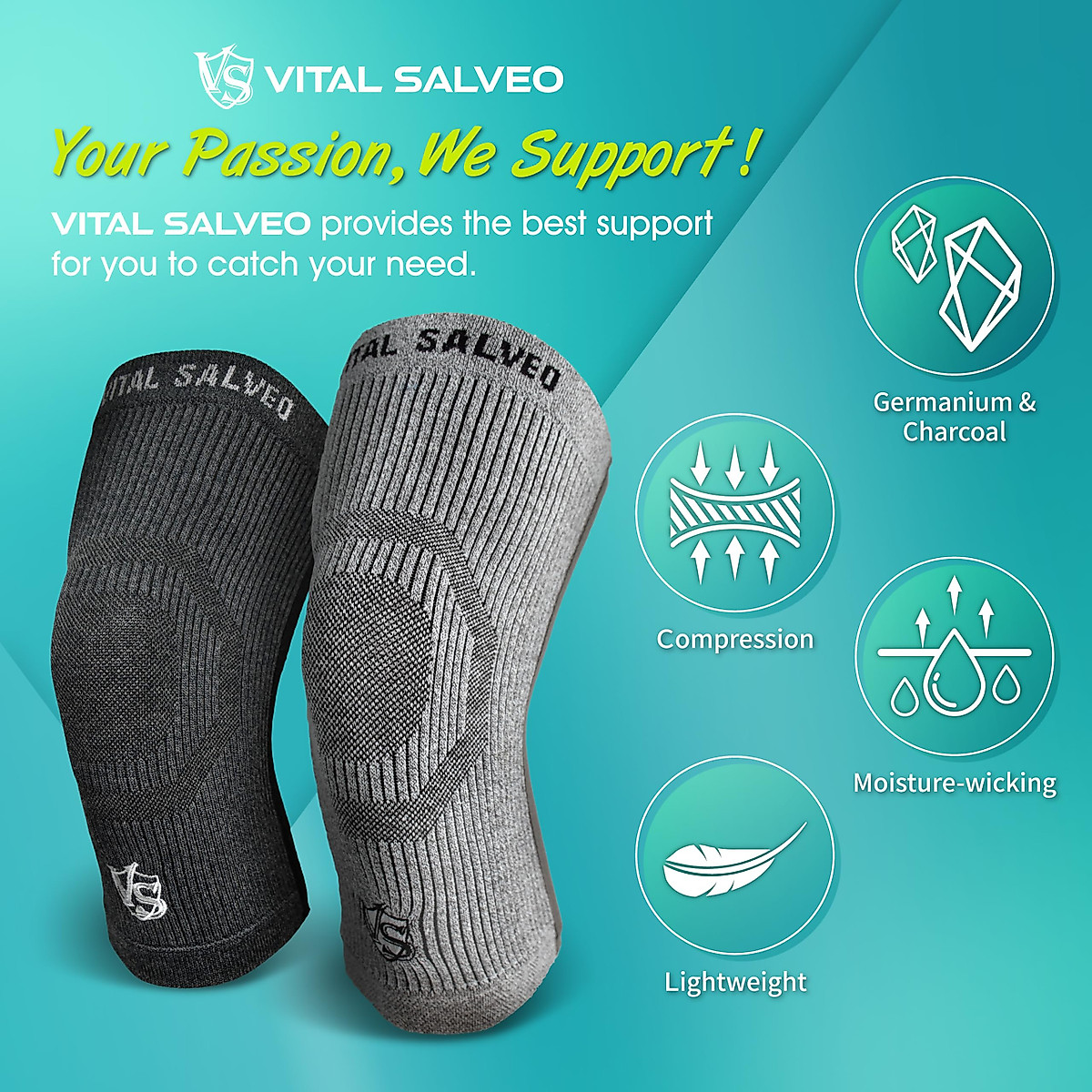 Vital Salveo-Compression Recovery Knee Sleeve/Brace S-Support, Pain Relief, Protects Joint - Ideal for Sports and Daily Wear-Dary Grey (1 Pair)-XXXL