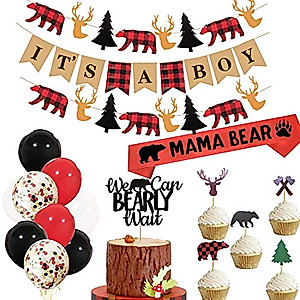 Lumberjack Baby Shower Set Banner Buffalo Plaid Rustic Hunter Theme It's A Boy Camping Bear Baby Shower Cake Topper Decorations Supplies Lumberjack Gender Reveal Banner