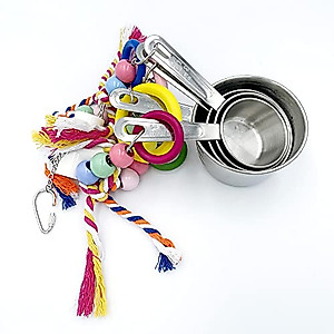GILYGI Bird Parrots Pullable Stainless Steel Pots Toys, Bird Foraging Toys with Colorful Rope and Wooden Beads Rings for Small and Medium Parrot Bird