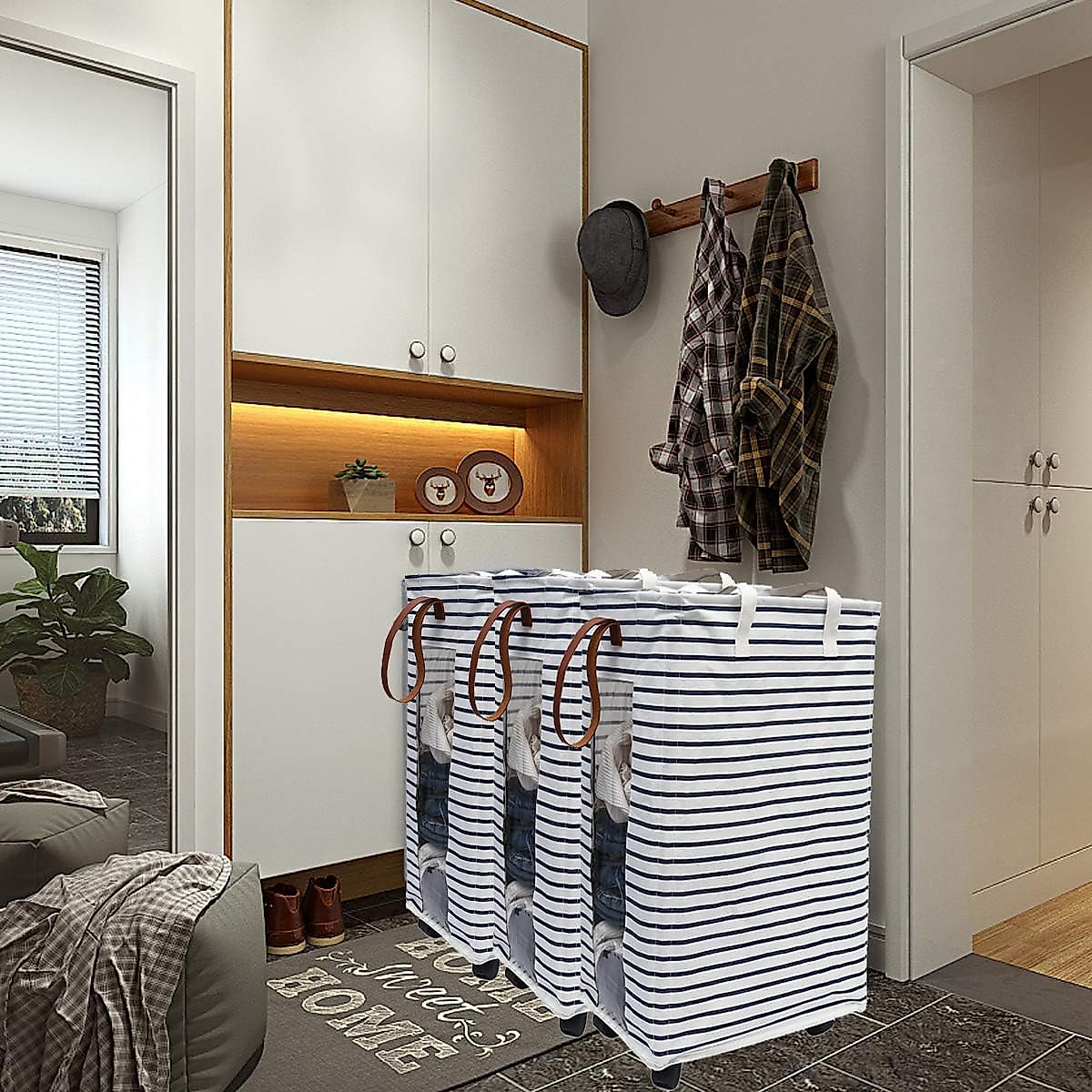 HiCharmcci Laundry Hamper, Wheeled Collapsible Clothes Hampers for Laundry, Large 82L, Dark Blue Strips, Sturdy Oxford Fabric, Mesh Closure, Portable Handle, Transparent Window