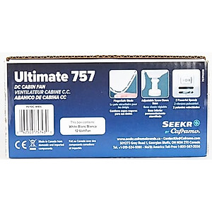SEEKR Ultimate™ Fan from by Caframo. Grill-free, whisper-quiet 12V fan with shock-absorbing FingerSafe™ blades, 2-speeds, direct wire connection. Made in Canada. White.