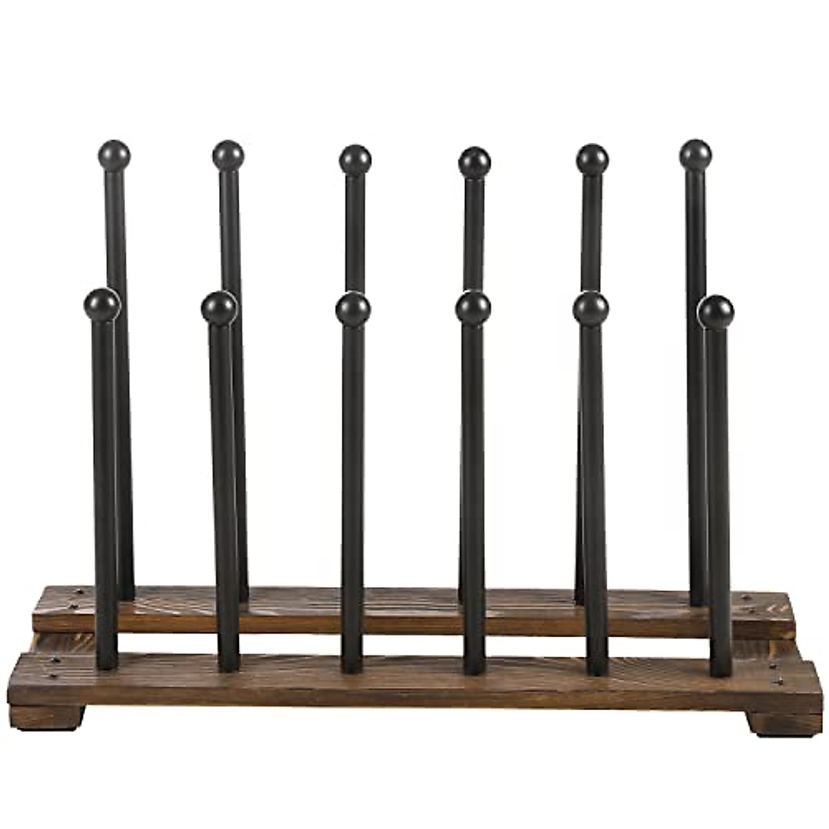 MyGift Modern Entryway Black Metal Boots and Shoe Rack with Rustic Burnt Solid Wood Base, Freestanding Tall Cowboy Boots Work Boot Organizer, Holds 6 Pairs