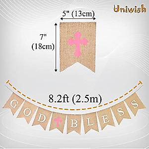 Uniwish God Bless Banner Baptism Decorations for Girls, Vintage Rustic Burlap Bunting Garland Christening Communion Party Supplies with Pink Cross