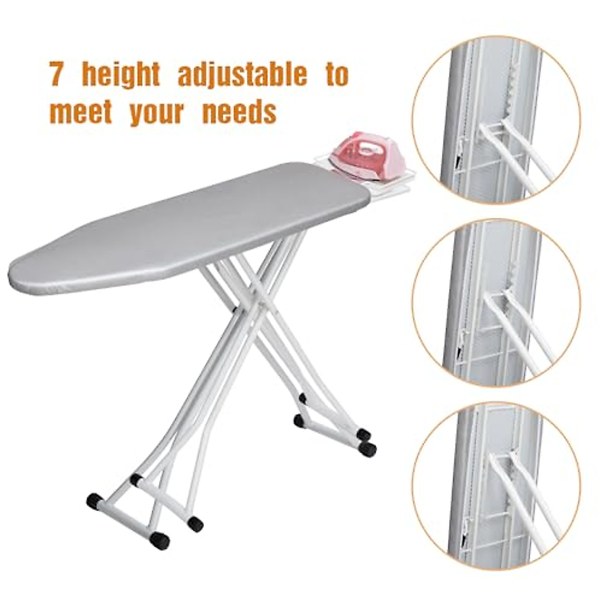 ALIMORDEN Space Saver Ironing Board 43" X 13" with Iron Frame Adjustable Height 28"-35" Easy Storage, Heat Resistant Silicone Tray, Padded Top Grey