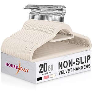 HOUSE DAY Velvet Hangers with Tie Bar 20 Pack Ivory, Clothes Hangers Non-Slip, Space Saving Felt Hangers for Pants, Coat, Suits, Shirt, Scarf, No Hanger Marks