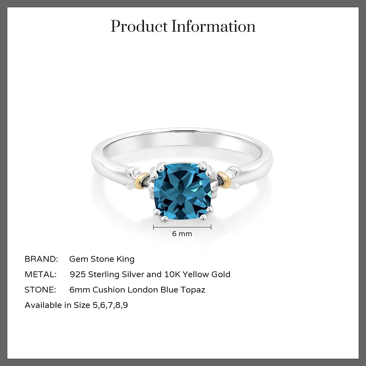 Gem Stone King 925 Sterling Silver and 10K Yellow Gold 6MM Cushion Cut Gemstone Birthstone Engagement Ring | Wedding Anniversary Promise Ring For Women | Available In Size 5, 6, 7, 8, 9