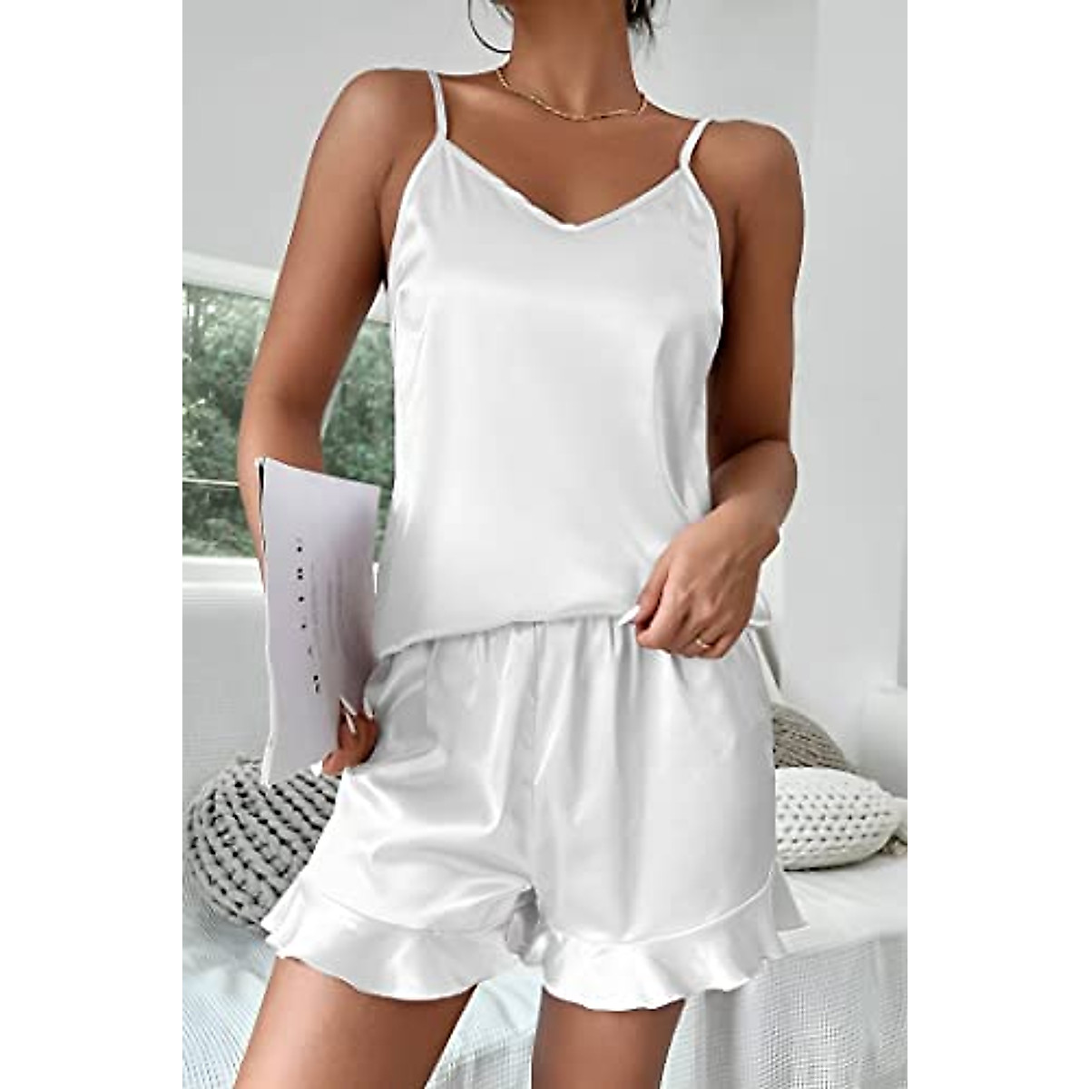 FOSHPOT Silk Pajamas for Women S-4XL Plus Size Satin Pajamas Women with Cami Top Ruffle Shorts Pjs Sets Bridal Gifts White