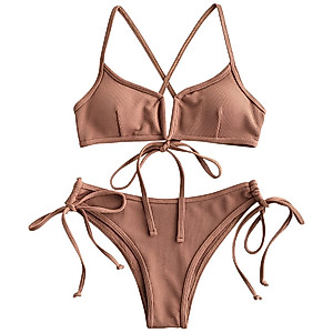 ZAFUL Women's High Cut Bikini Sets Ribbed V-Wire Cami Bikini Two Piece Swimsuit (3-Light Brown, M)