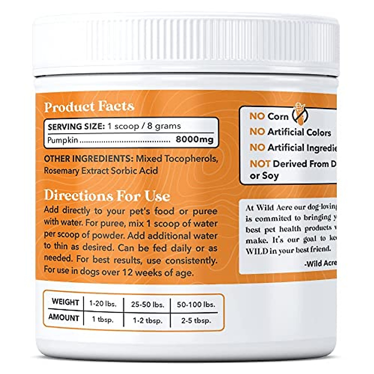 Wild Acre Pumpkin Powder for Dogs - No More Diarrhea or Scoots! - Digestive Puree Treat or Food Topper - Fiber Supplement for Dogs with Prebiotics Pumpkin for Dogs, 8oz