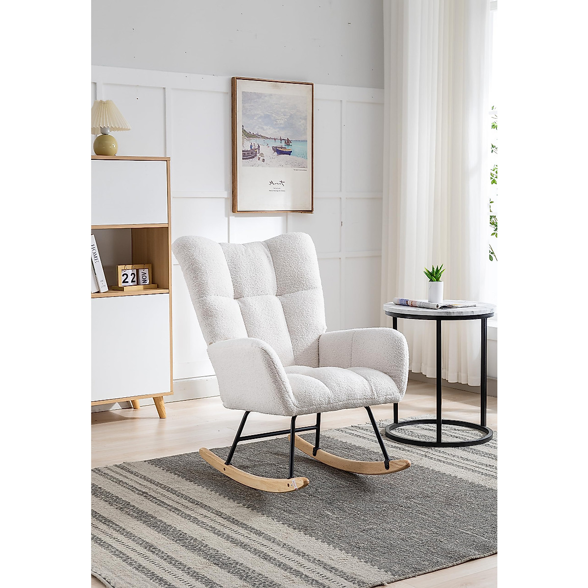 Lepfun, Soft Teddy Velvet Fabric Rocking Chair for Nursery, Comfy Wingback Glider Rocker with Safe Solid Wood Base for Living Room Bedroom and Balcony,Easy to Assemble,White