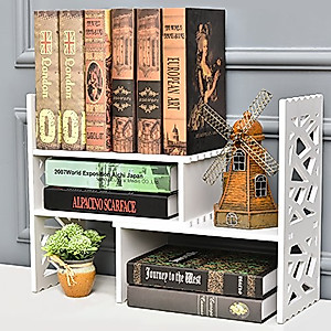 MyGift White Expandable Desktop Bookshelf Organizer with 5 Display Shelves, Small Stationery Storage Shelf Unit, College Dorm Desk Book Organizer