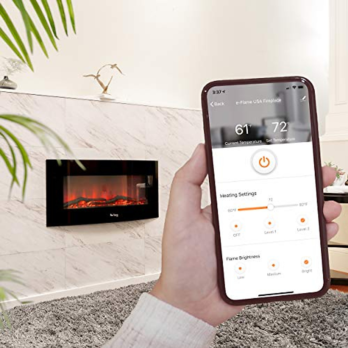 e-Flame USA Sundance Curved Wall Mounted or Freestanding LED Electric Fireplace with Remote - Adjustable, Timer, Remote - 34-inch