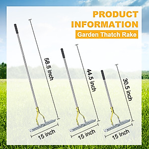 BARAYSTUS Thatch Rake, 15-Inch Wide Lawn Thatching Rake for Cleaning Dead Grass, Efficient Steel Metal Lawn Grass Rake with Stainless Steel Handle, Lawn loosening Soil Rake, 58.5-Inch Length