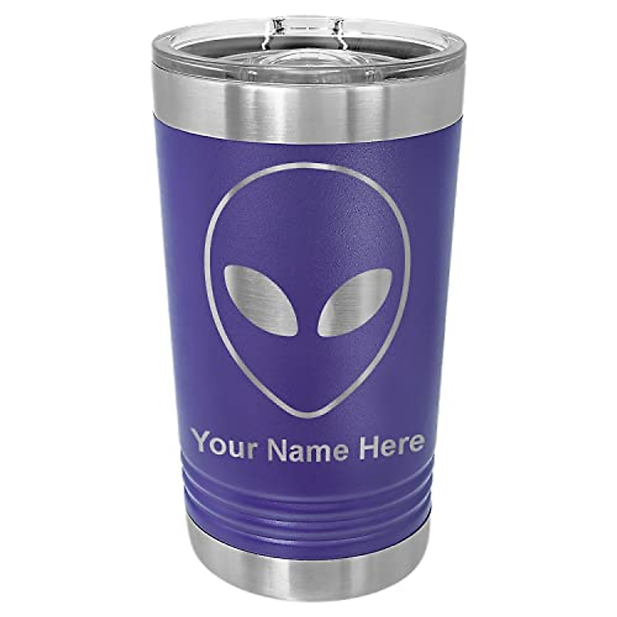 LaserGram 16oz Vacuum Insulated Pint Tumbler, Alien Head, Personalized Engraving Included (Dark Purple)