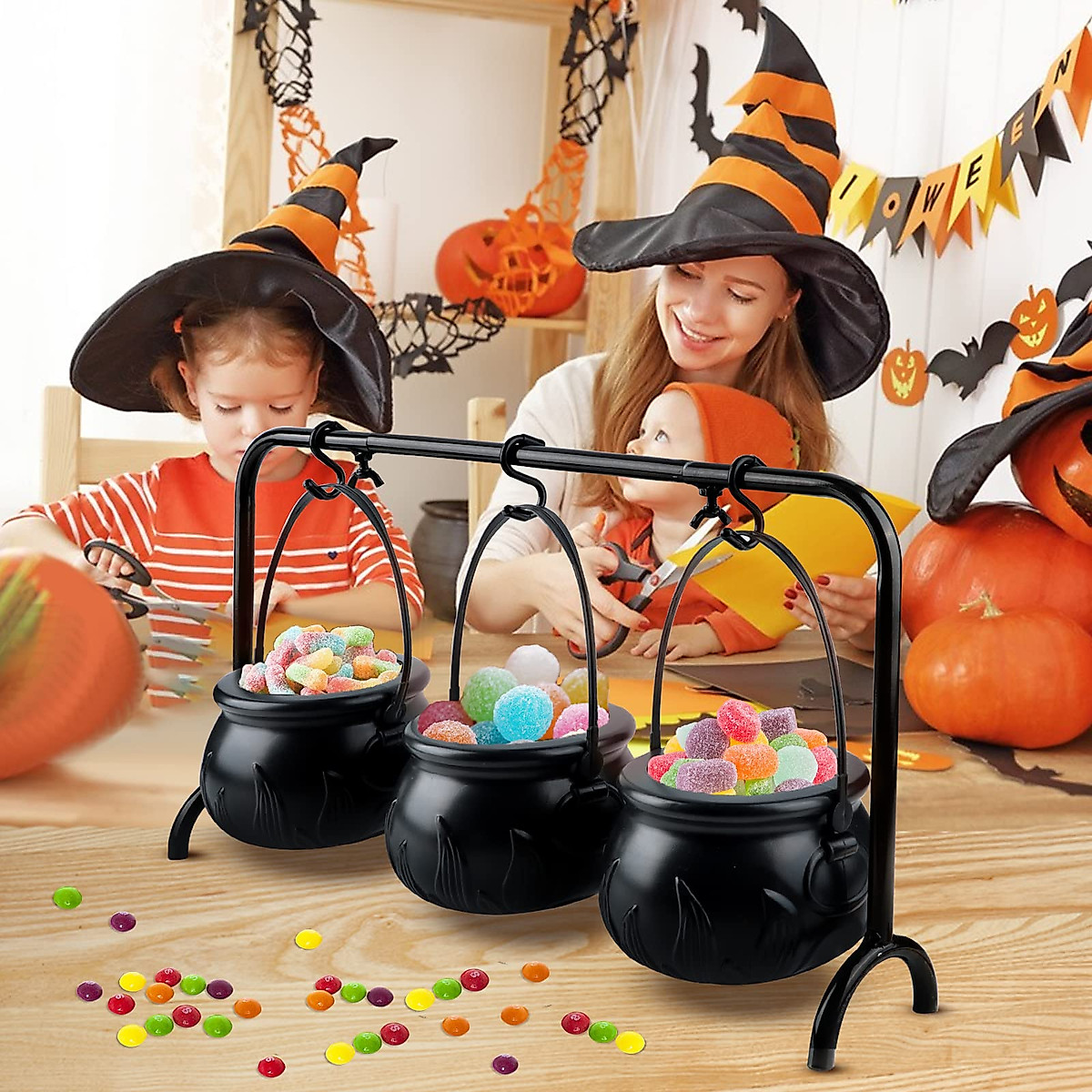 HOMSHIAM Halloween Decorations,Set of 3 Witches Cauldron Serving Bowls on Rack with Shelf and String Lights -Black Plastic Candy Bucket Cauldron for Halloween Decor Indoor Outdoor Home Kitchen