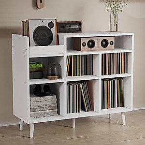 Record Storage Cabinet, Turntable Shelf with Vinyl Storage up to 500 Albums, Vinyl Record Player Shelf with Power Outlet Sideboard Buffet Cabinet with Storage Accent Cabinets for Living Room (White)