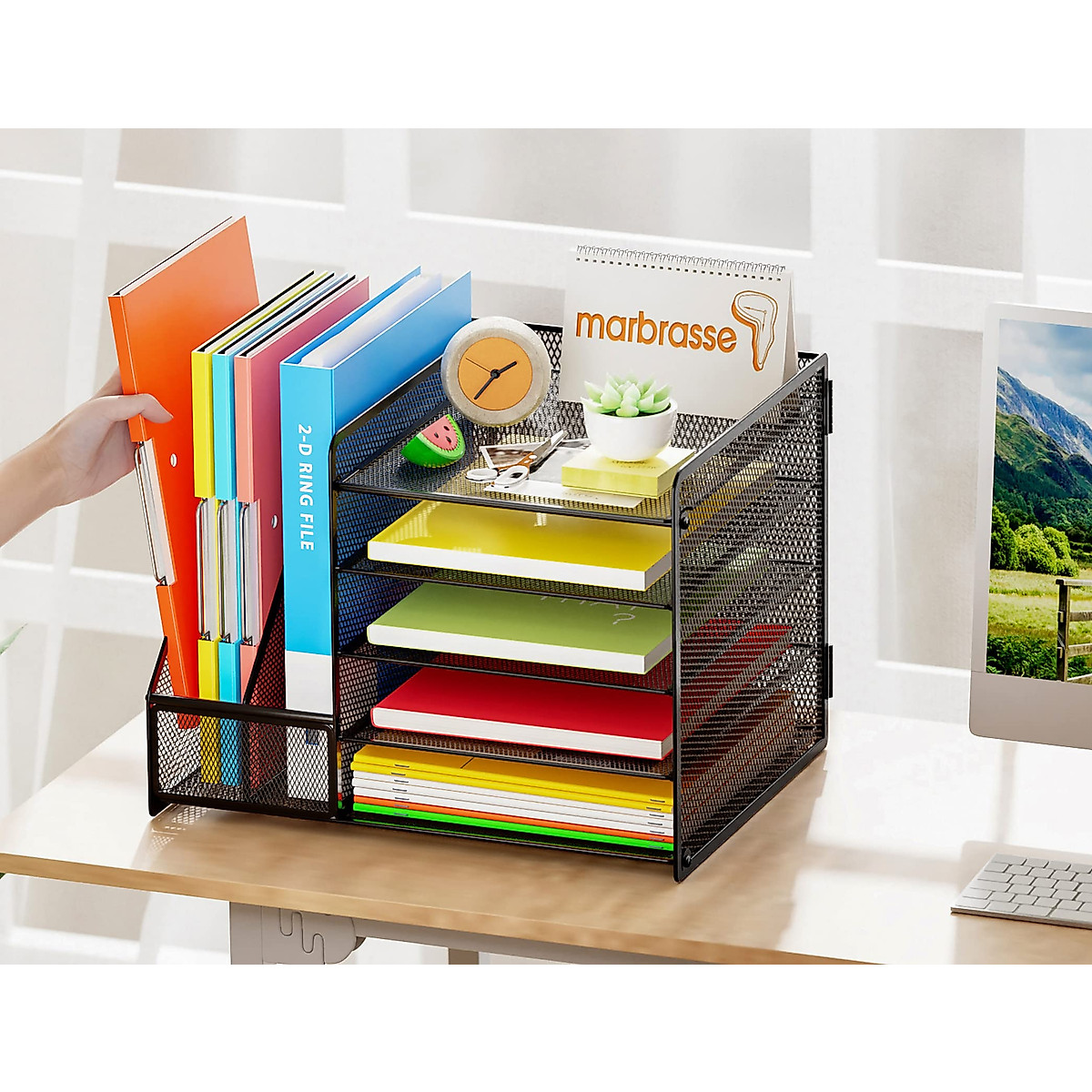 Marbrasse Desk Organizer with File Holder, 5-Tier Paper Letter Tray Organizer, Mesh Desk Organizers and Accessories with Magazine Holder, Desktop Organizer and Storage for Office Supplies (Black)