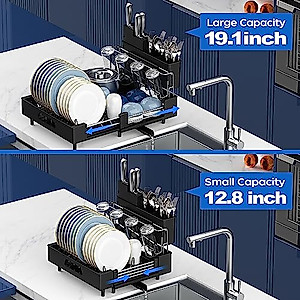 ROTTOGOON Expandable Dish Drying Rack, Stainless Steel Rustproof Dish Rack for Kitchen Counter, (12.8"-19.1") Dish Drainer with Drainage, Utensil Holder, Cup Holder for Various Kitchenware, Black