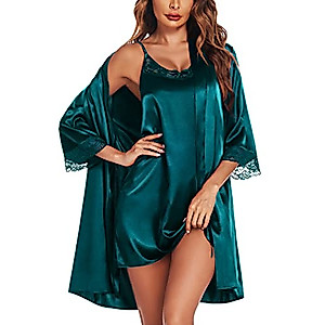 Ekouaer Womens Silk Nightwear Lingerie Nightgown Lace Pajamas Set with Robe Satin Cami Nightdress