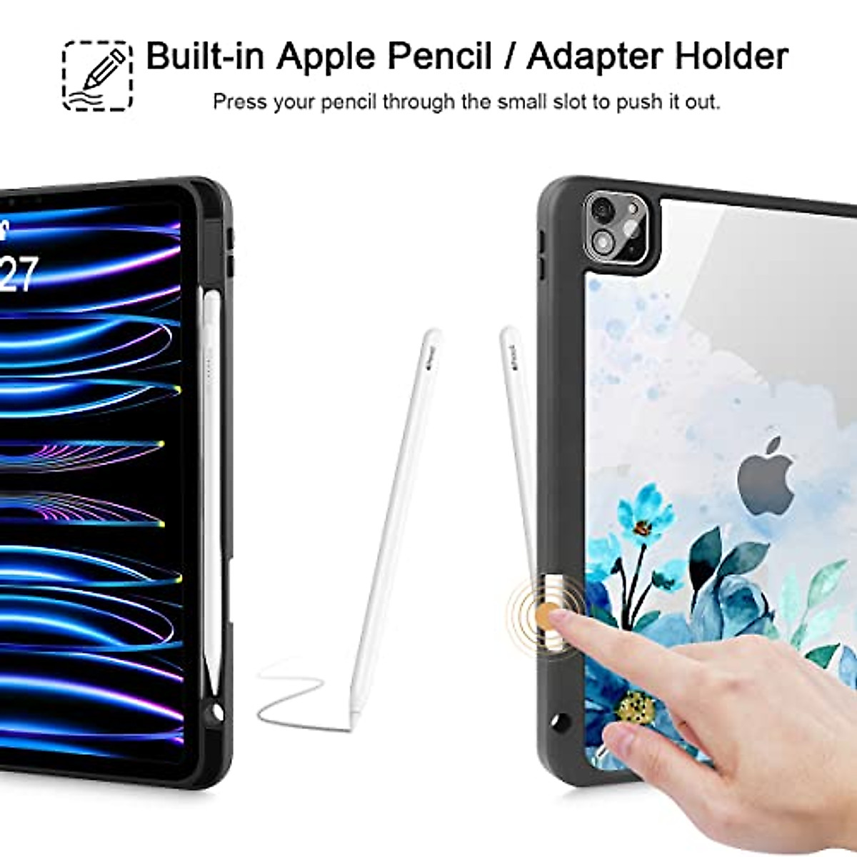 Lepeoac Designed for iPad Pro 12.9 Inch (2022/2021/2020/2018, 6th/5th/4th/3st Generation) with Transparent Shockproof Back Cover [Built-in Pencil Holder] Auto Sleep/Wake, Blue Flower