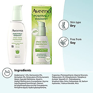 Aveeno Positively Radiant Sheer Daily Moisturizing Lotion for Dry Skin with Total Soy Complex and SPF 30 Sunscreen, Oil-Free and Non-Comedogenic, 2.5 fl. oz