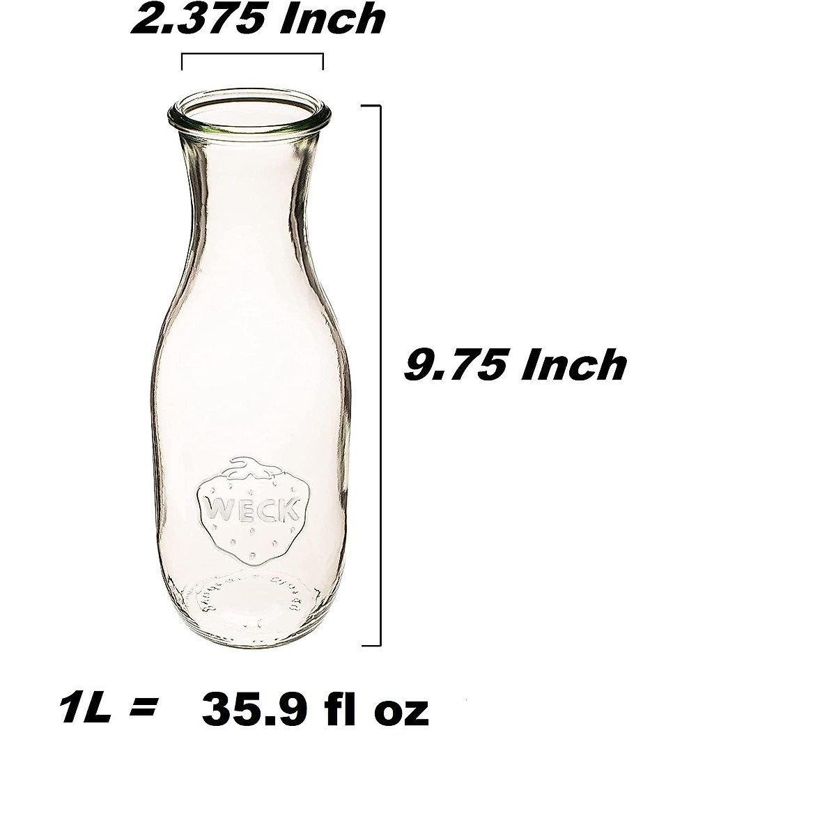 Weck Juice Jar - 35.9 fl oz. Transparent Glass Weck Jars - Eco-Friendly Milk Jar - 1L Juice Carafe Suitable for Juice Milk Water and Wine with Cork Lids and Keep Fresh Covers (1 Set)