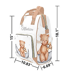 NZOOHY Teddy Bear Sits on Moon Personalized Name Diaper Bag Tote, Custom Waterproof Nursing Baby Bag Mummy Backpack for Mom Travel Outdoor 15'' X 10.83'' X 6.69''