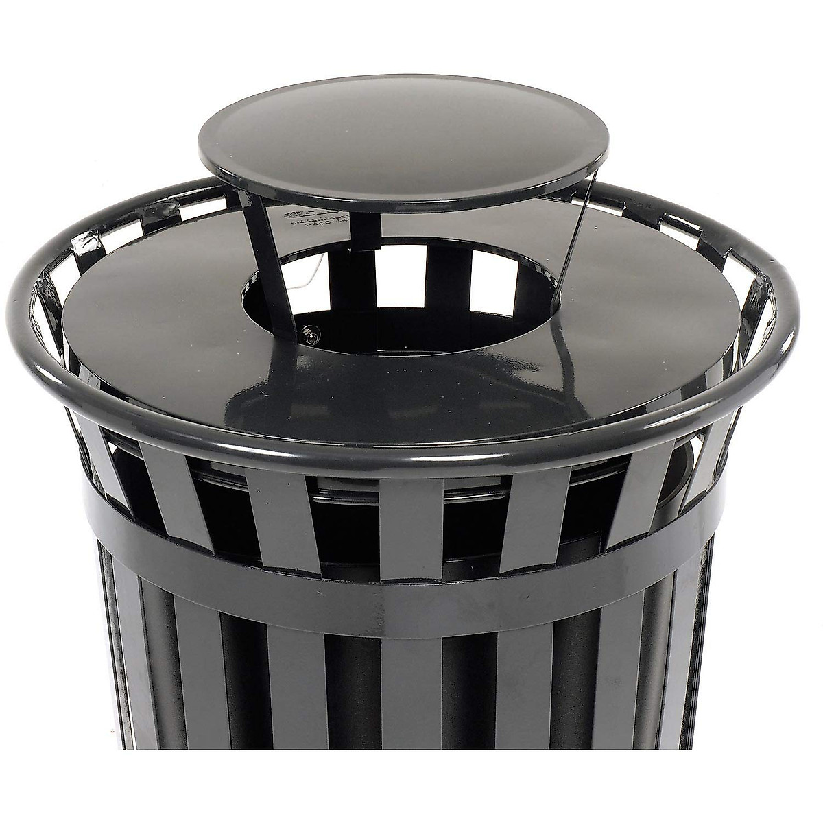 Global Industrial 36 Gallon Outdoor Metal Slatted Trash Receptacle with Rain Bonnet Lid, Black