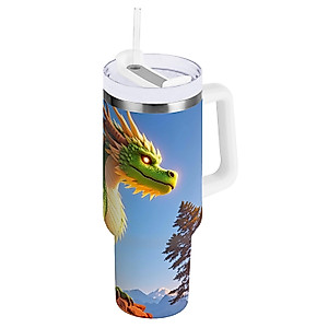 Nexawaveo Cold Cup Dragon under Sky XL Insulated Tumbler with Handle Lid Straw 30-40 oz Reusable Cupholder Friendly Water Bottle