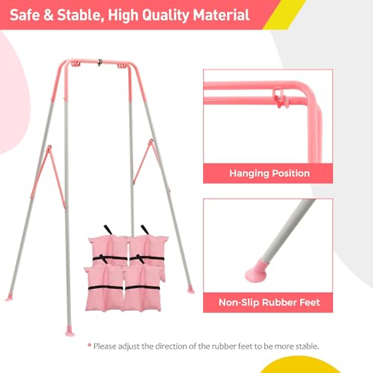 FUNLIO Foldable Swing Stand for Kids with 4 Sandbags, Heavy Duty Metal A-Frame Indoor/Outdoor for Backyard, Suitable Most Toddler/Baby Jumper/Hammock Chair - Pink