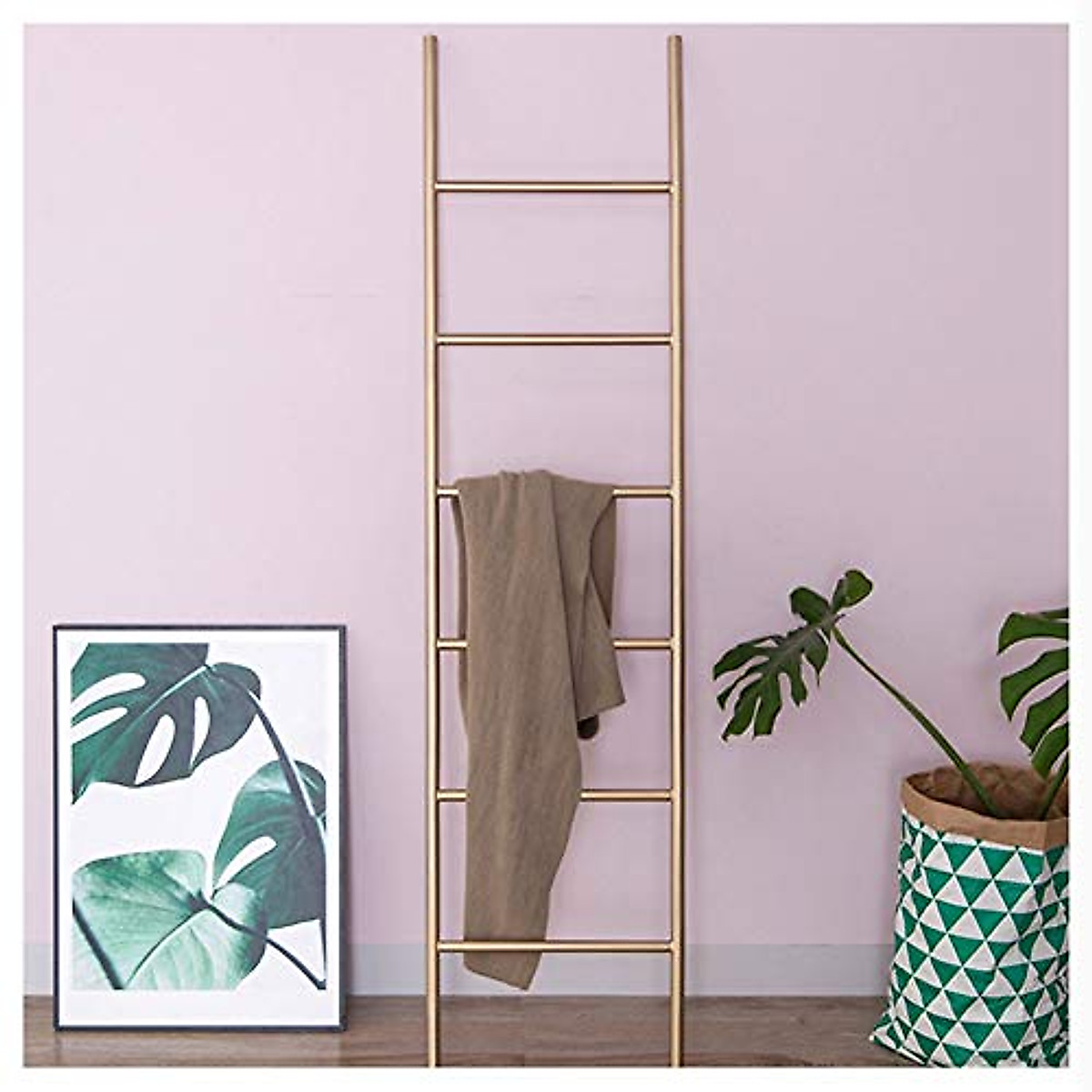 Metal Bath Towel Ladder Black, Wall-Leaning Drying Rack 6 Levels Blanket Holder Stand Living Room Use to Display Towel, Quilt, Clothes and Newspapersgold