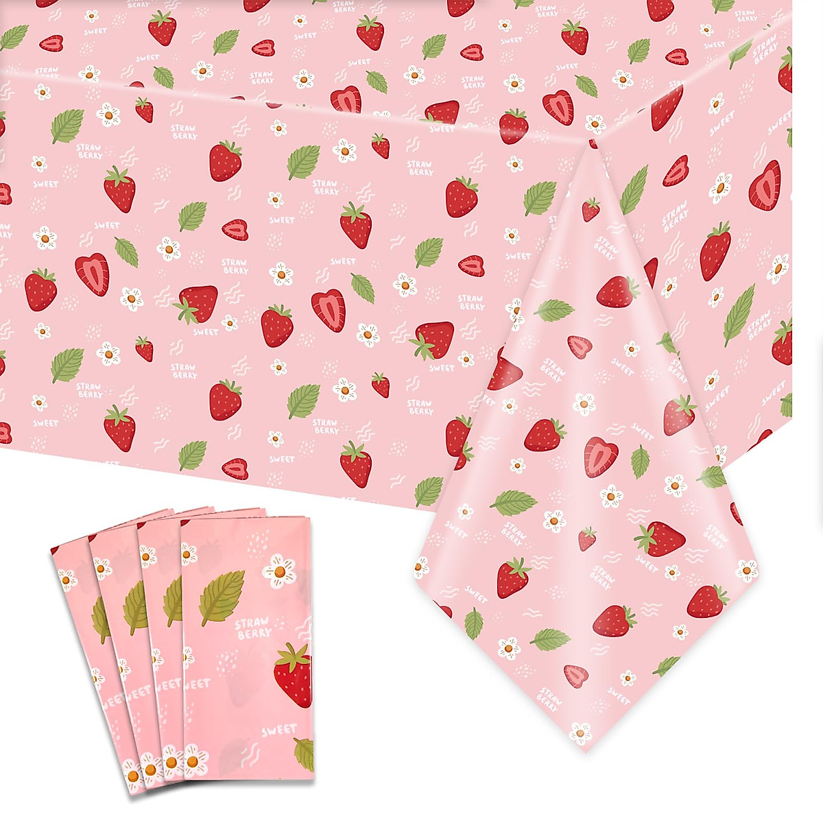 Ayearparty 4 Pack Strawberry Tablecloth Sweet One Birthday Table Cover Berry First Birthday Decorations Plastic Strawberry Theme Party Decor Party Supplies for Girls Baby Shower 108 x 54 in