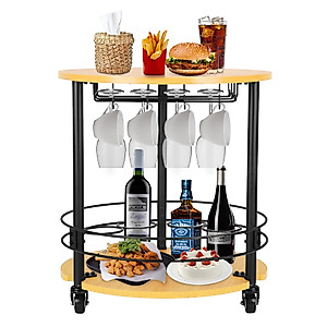 Small Bar Cart with Wheels, 2 Tier Serving Cart for Home Mobile Round Coffee Table Bearing 130 LBS Rolling Beverage Drink Cart, Coffee Corner Station with Wine Rack for Living Room Bedroom Office